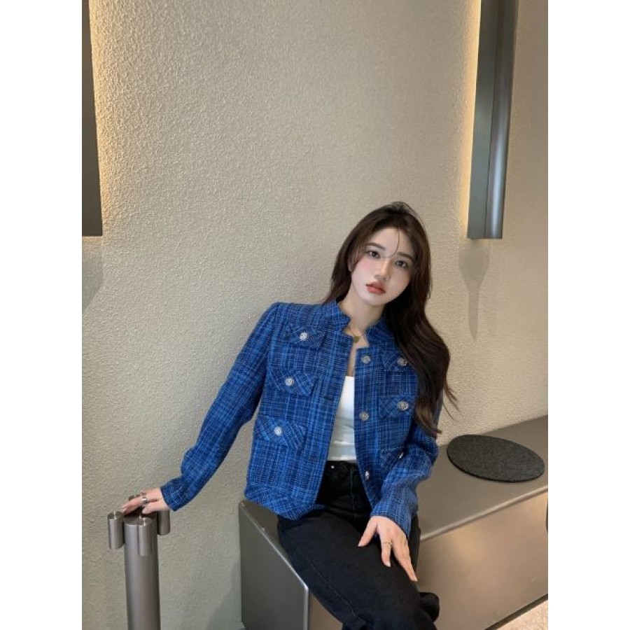 BlackPink Jennie Blue Plaid Tweed Jacket