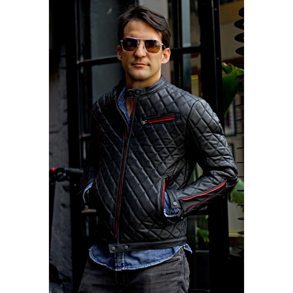Men Quilted Leather Jacket Red Zipper | AmericaSuits