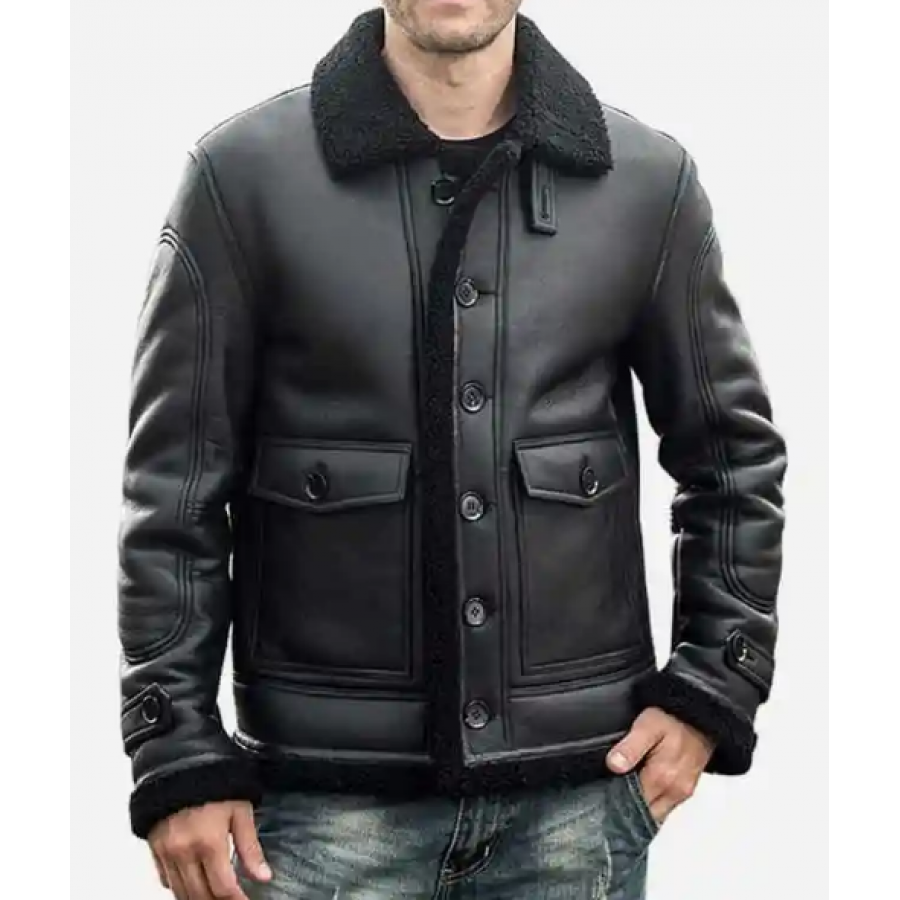 Mens Black Sheepskin Shearling Leather Jacket