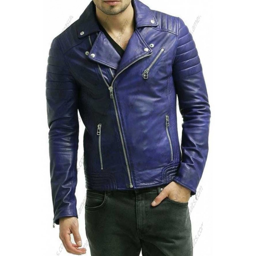 Biker Men Padded Blue Jacket | americasuits.com