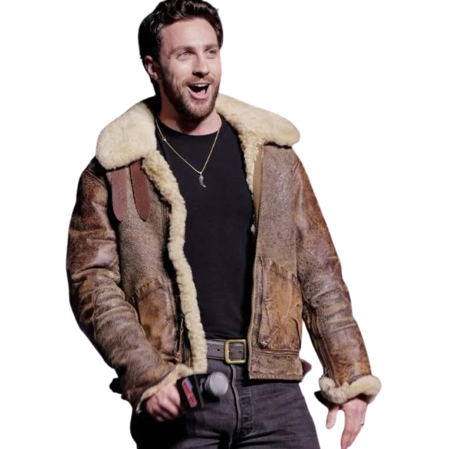Comic Con 2024 Aaron Taylor Johnson Faux Shearling Jacket Comic Con 2024 Aaron Taylor Johnson Faux Shearling Jacket