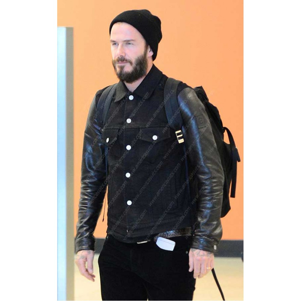 David Beckham Leather Sleeves Black Denim Jacket