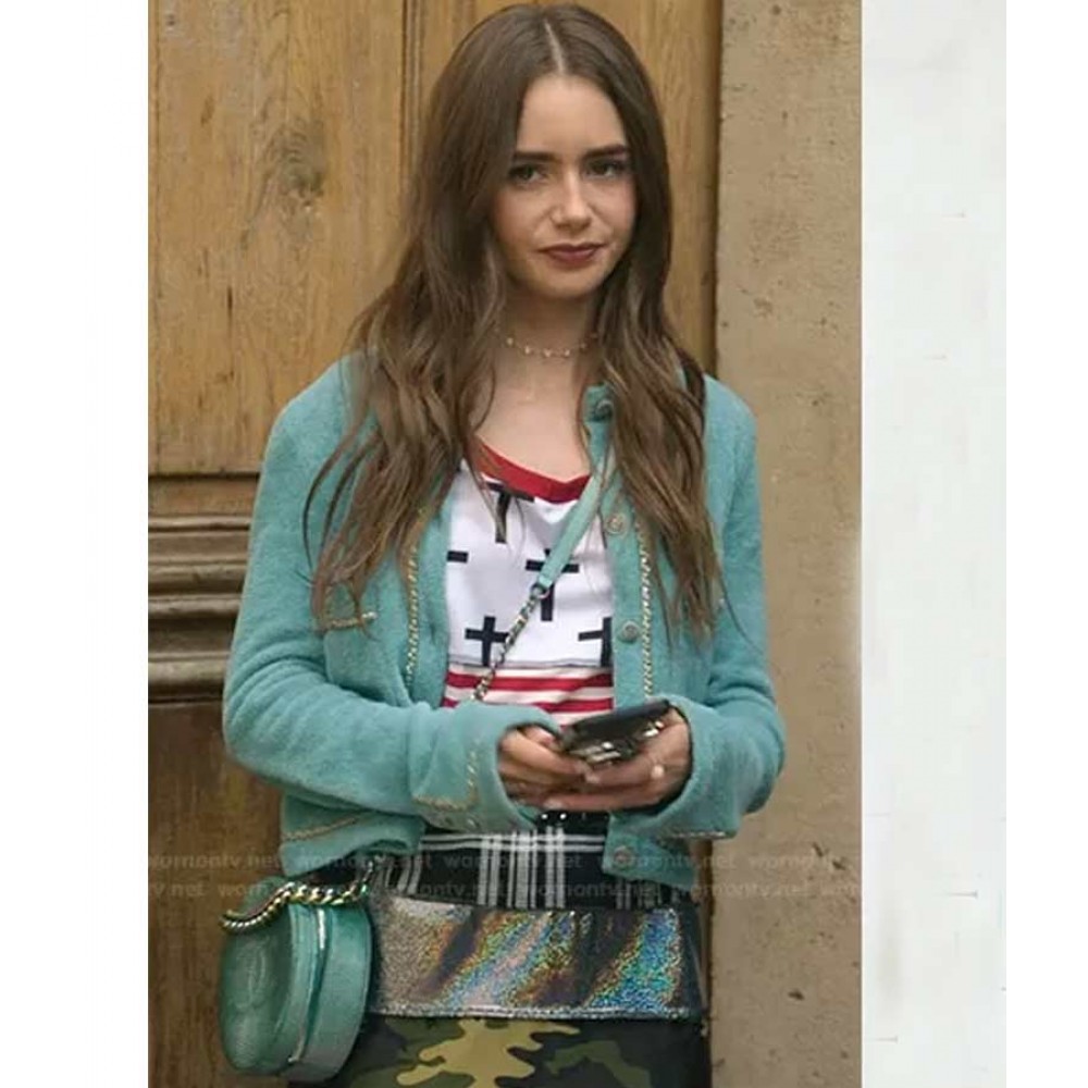 Emily Copper Chain Trim Cardigan On Emily In Paris