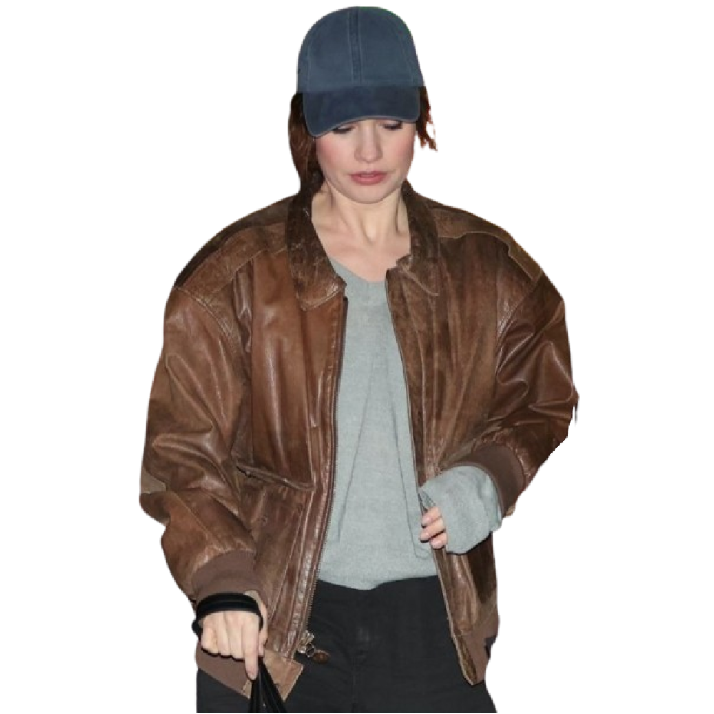 Lily James Relay Brown Leather Jacket | Relay Movie Jacket | America Suits