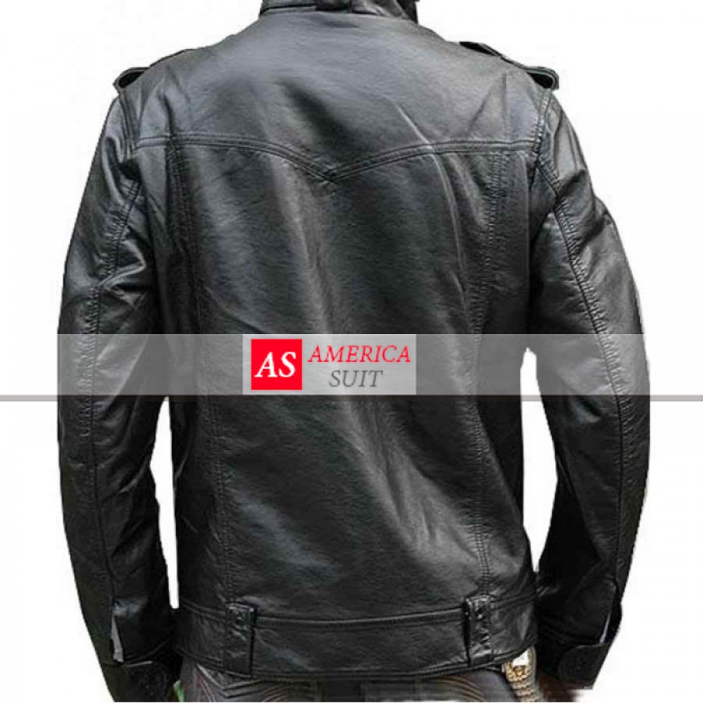 Men Black Leather Banded Collar Jacket