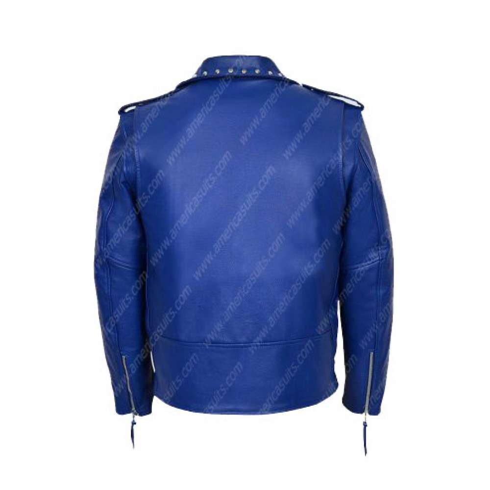 Men Blue Studded Motorcycle Jacket