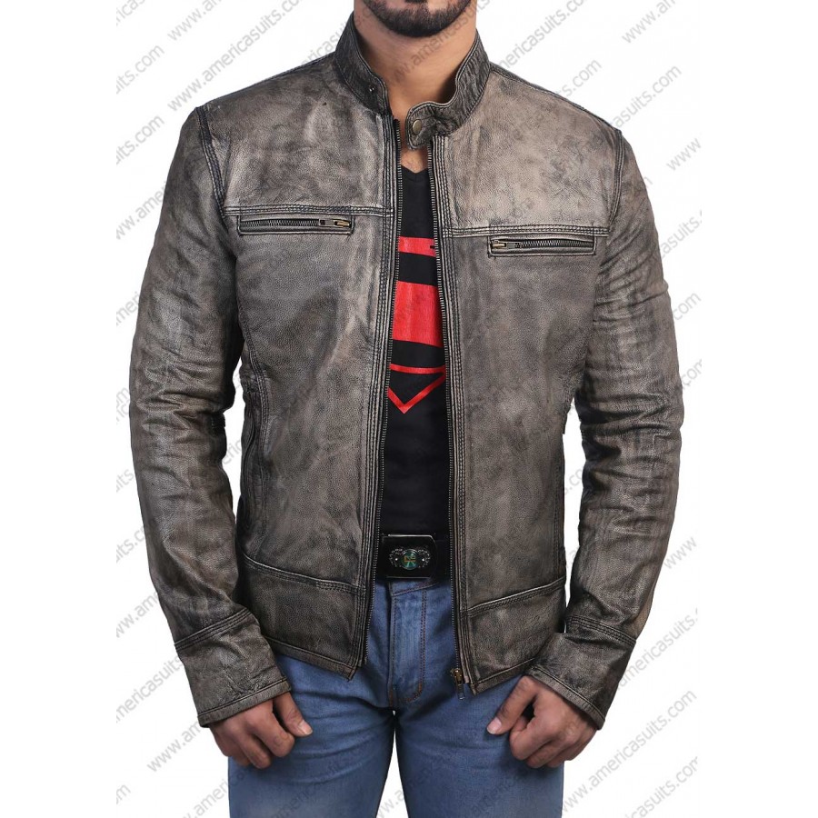 Men Gray Waxed Cafe Racer Leather Jacket