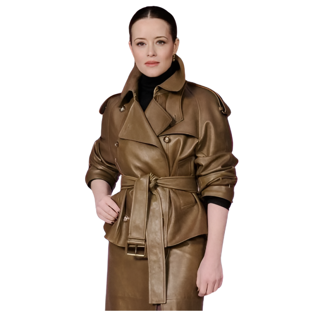 PFW Claire Foy Leather Jacket With Matching Skirt