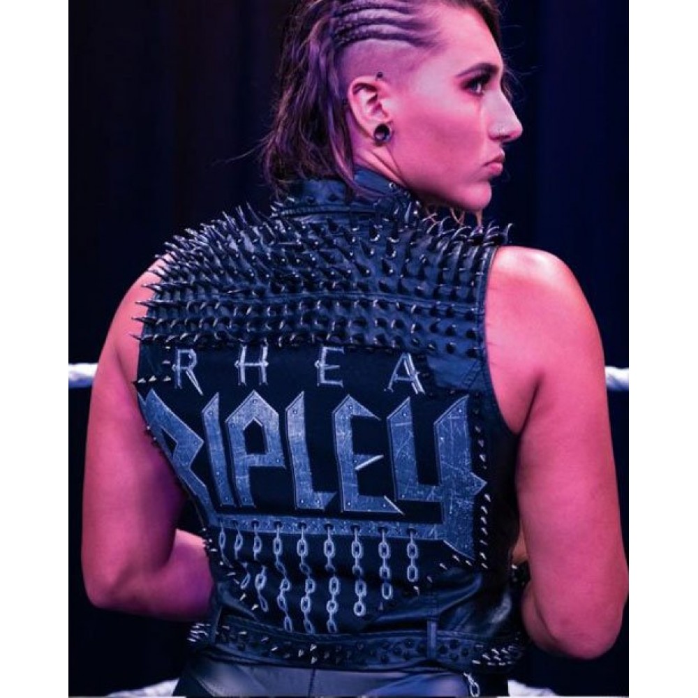 Rhea Ripley Studded Black Vest | Americasuits.com