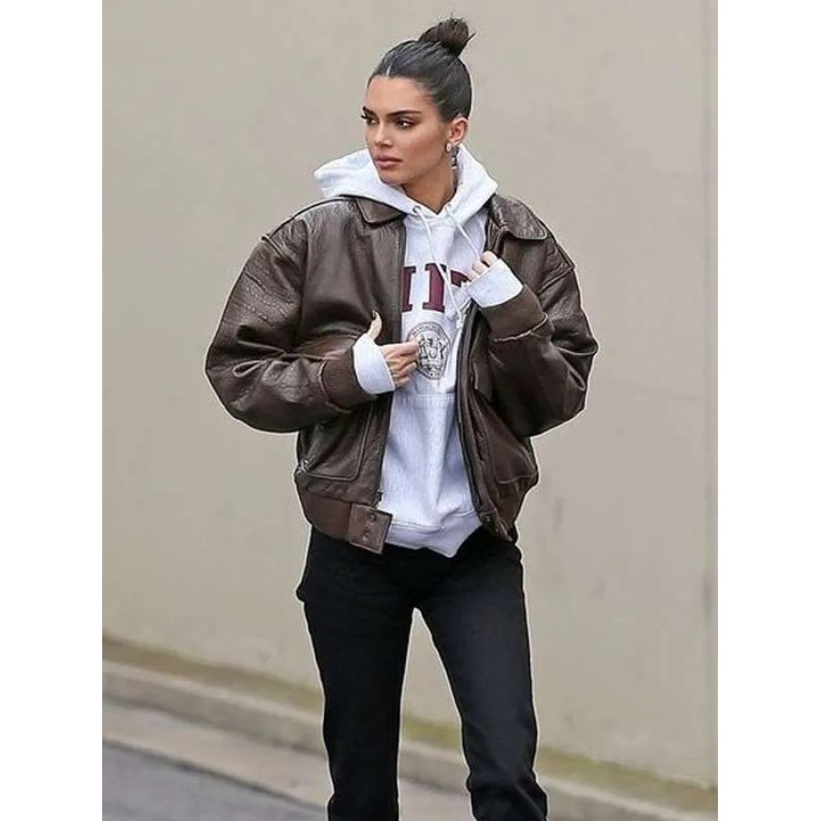 Street Style Kendall Jenner Brown Leather Jacket