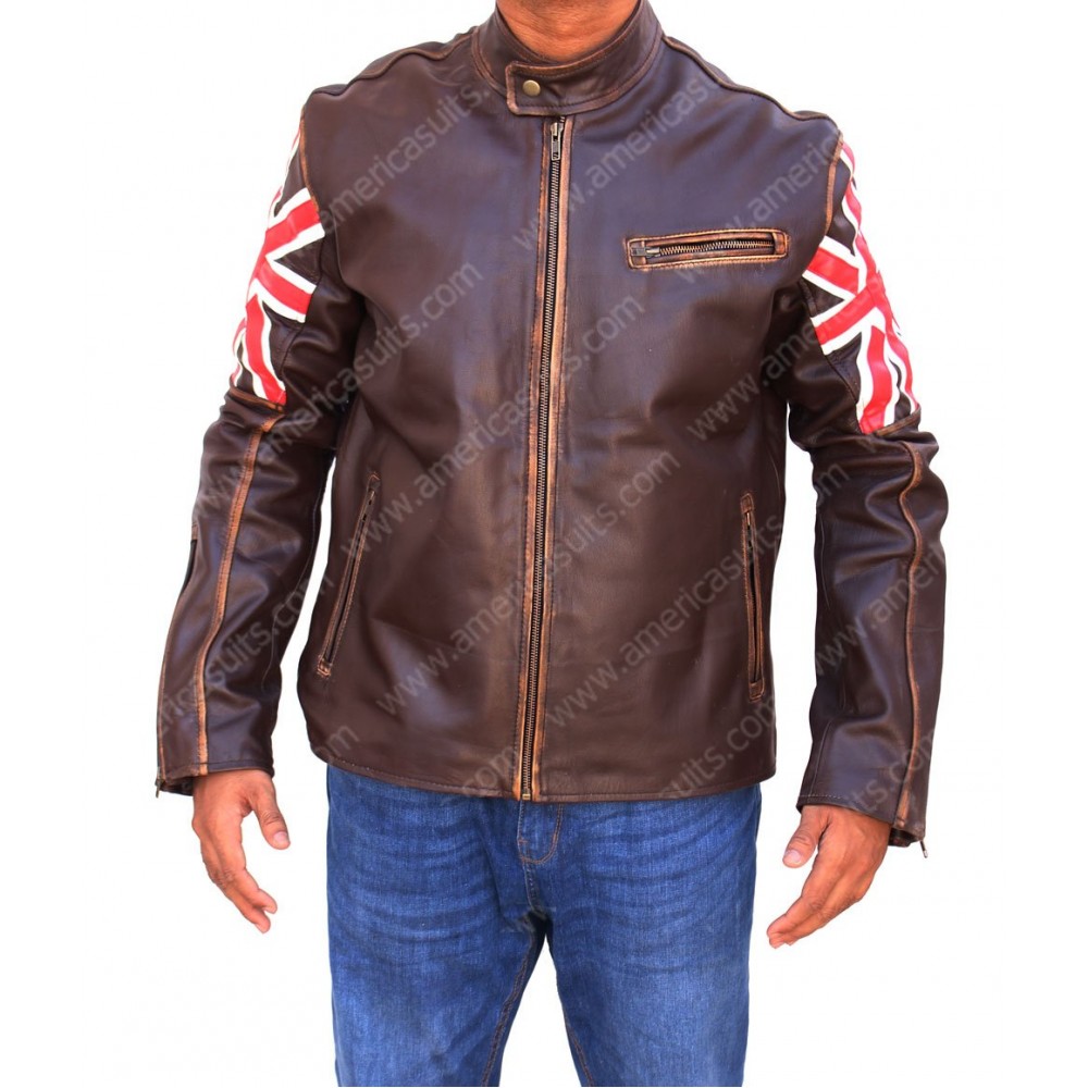 UK Flag Brando Slim Fit Leather Jacket | FREE SHIPPING