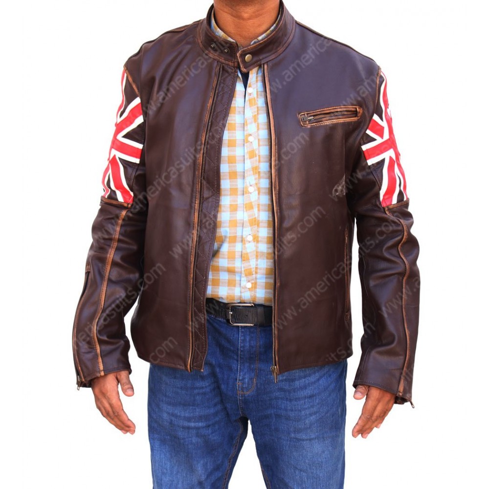 UK Flag Brando Slim Fit Leather Jacket | FREE SHIPPING