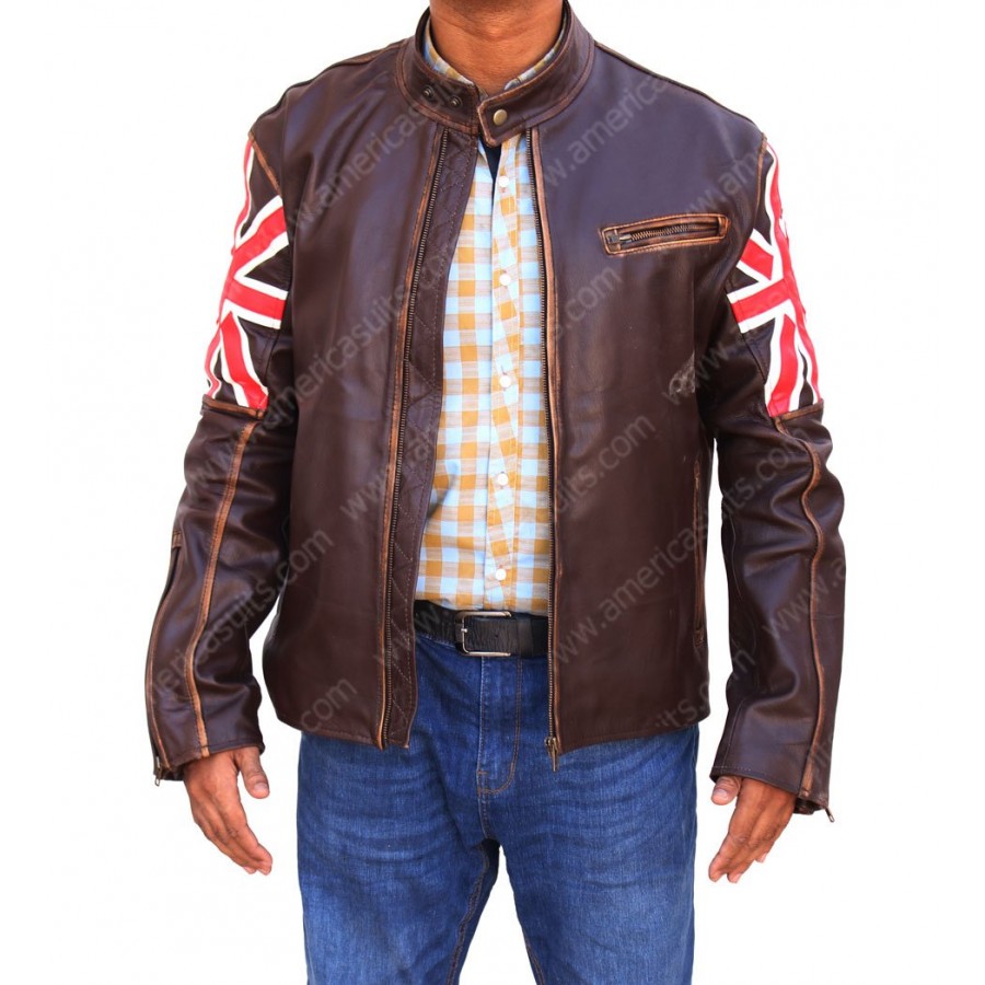 UK Flag Brando Slim Fit Leather Jacket | FREE SHIPPING