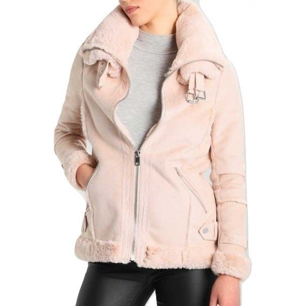 Women Pink Leather Shearling Jacket | americasuits.com