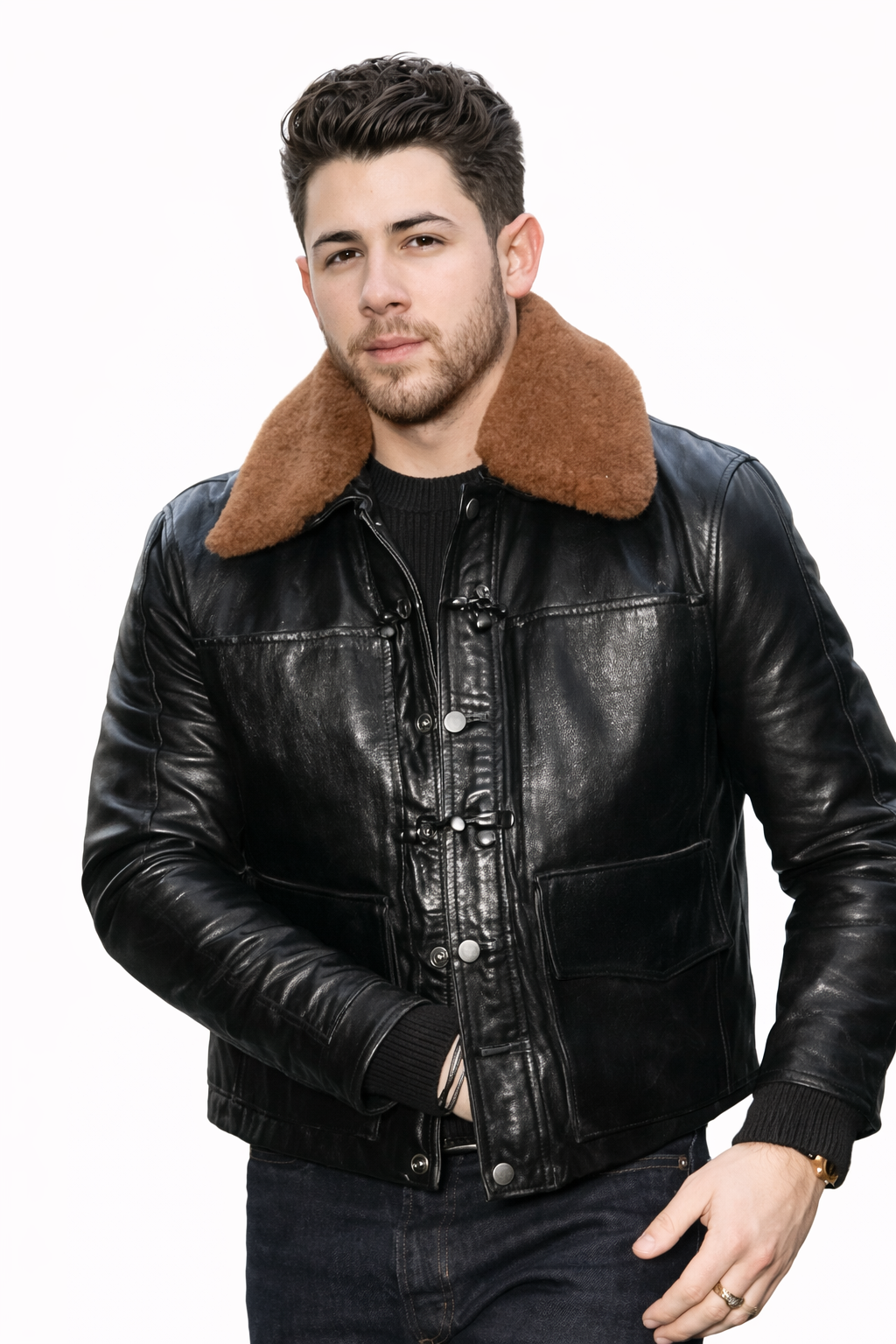 Nick Jonas Black Shearling Leather Jacket | America Suits